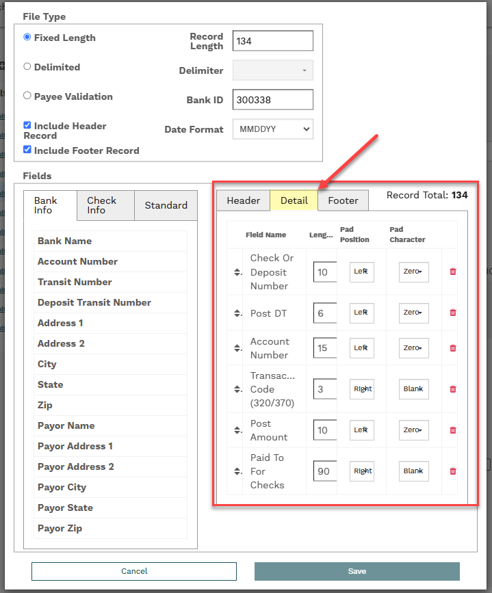 LINQ ERP NC: System Settings: System Setup: Banking Info: Positive Pay ...